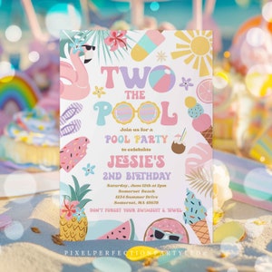 Editable Two the Pool 2nd Birthday Pool Party Invitation Tropical ...