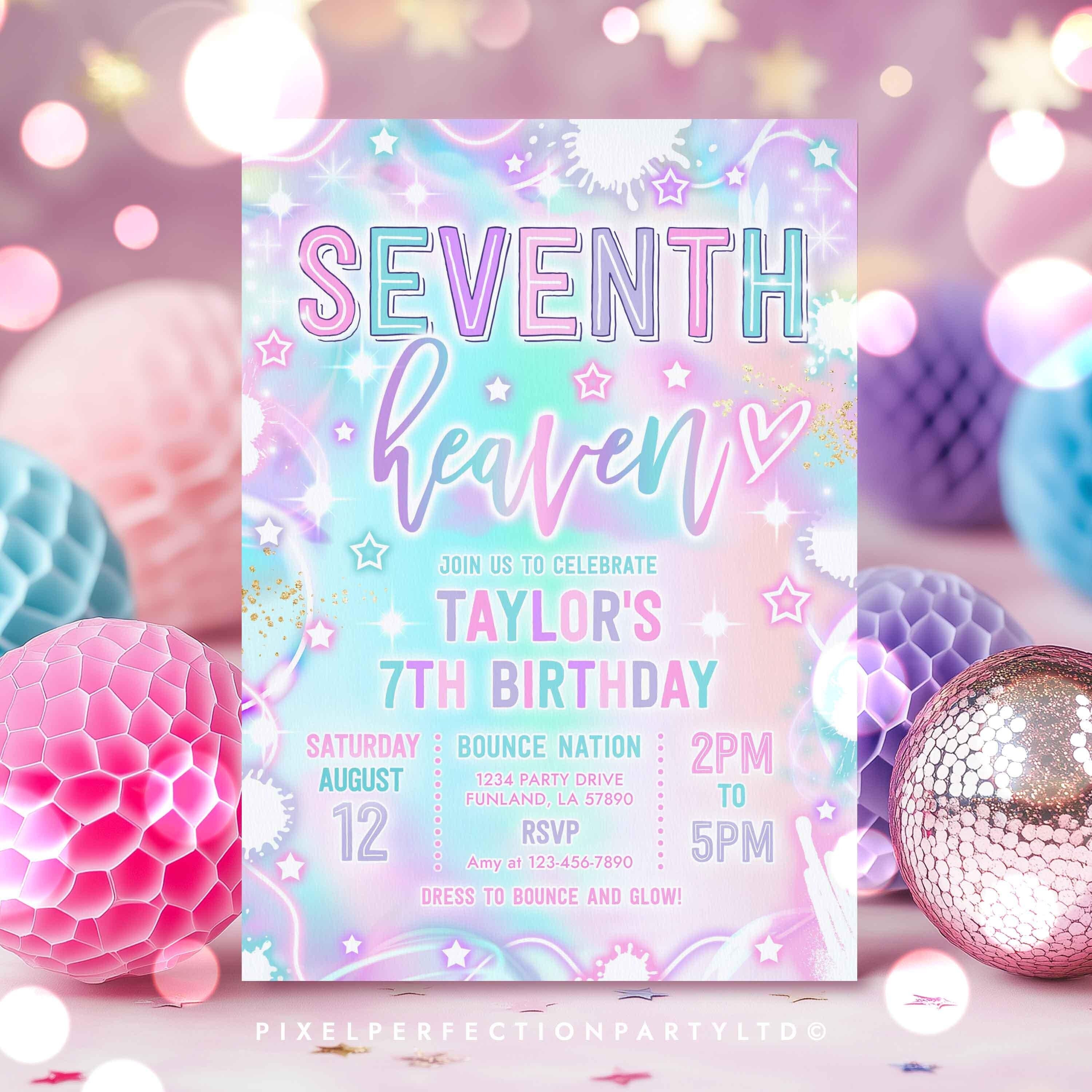 Editable 7th Heaven Pastel Neon Birthday Party Invitation Pastel Neon ...