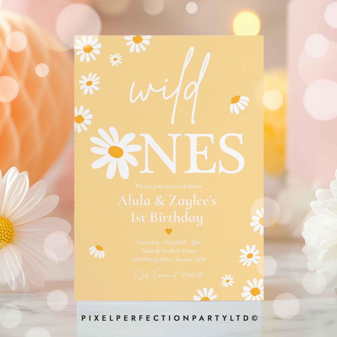 Editable Daisy Twin Birthday Party Invitation Boho Daisy Wild Ones Twin ...