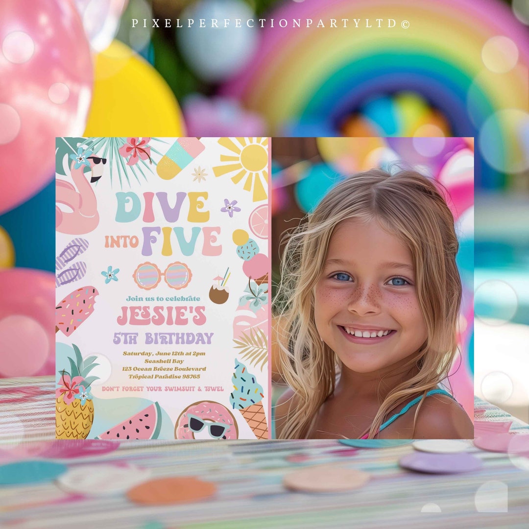 Editable Dive Into Five 5th Birthday Party Invitation Tropical Summer ...