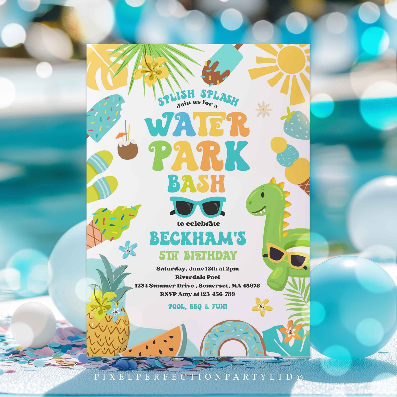 Editable Water Park Birthday Party Invitation Tropical Splish Splash ...