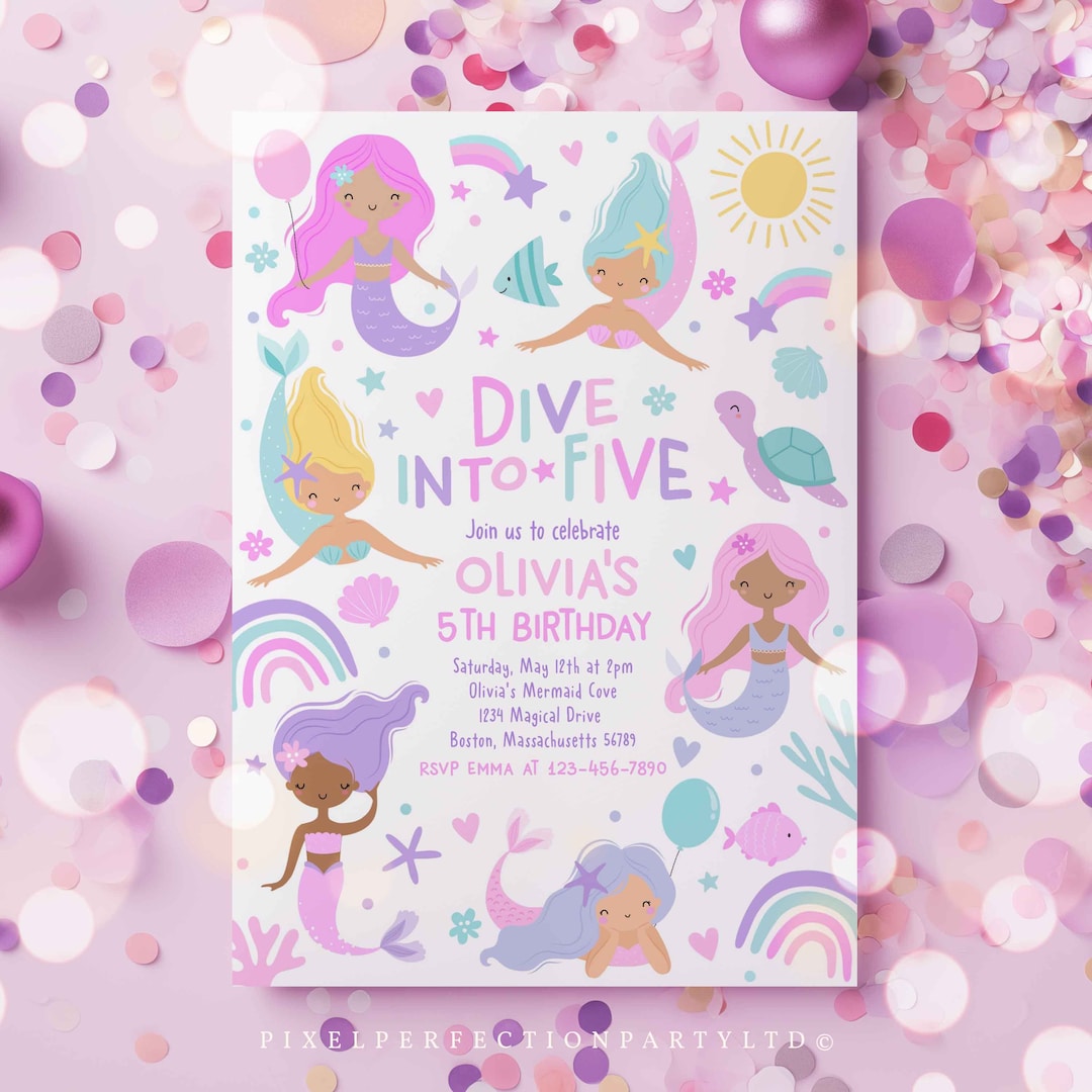 Editable Mermaid Dive Into Five Birthday Party Invitation Cute ...