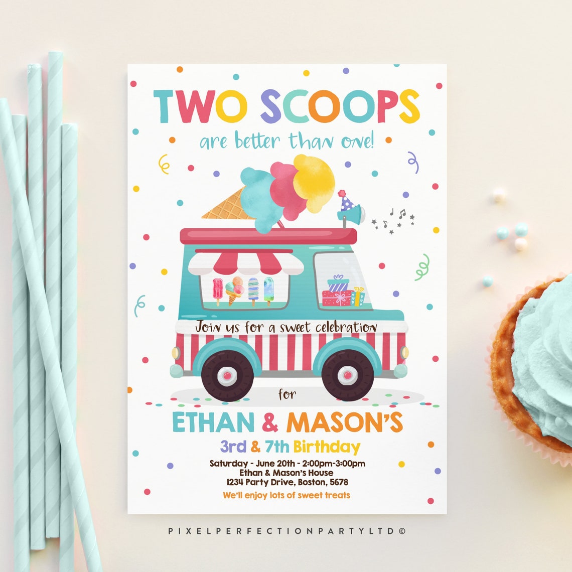 Editable Ice Cream Truck Twin Birthday Invitation Twin Ice Etsy