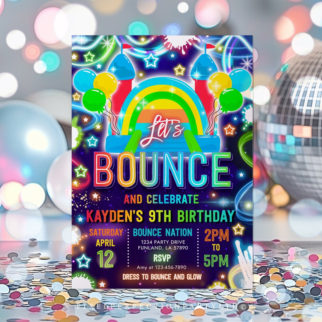 Editable Bounce House Birthday Party Invitation Neon Glow Bouncy Castle ...