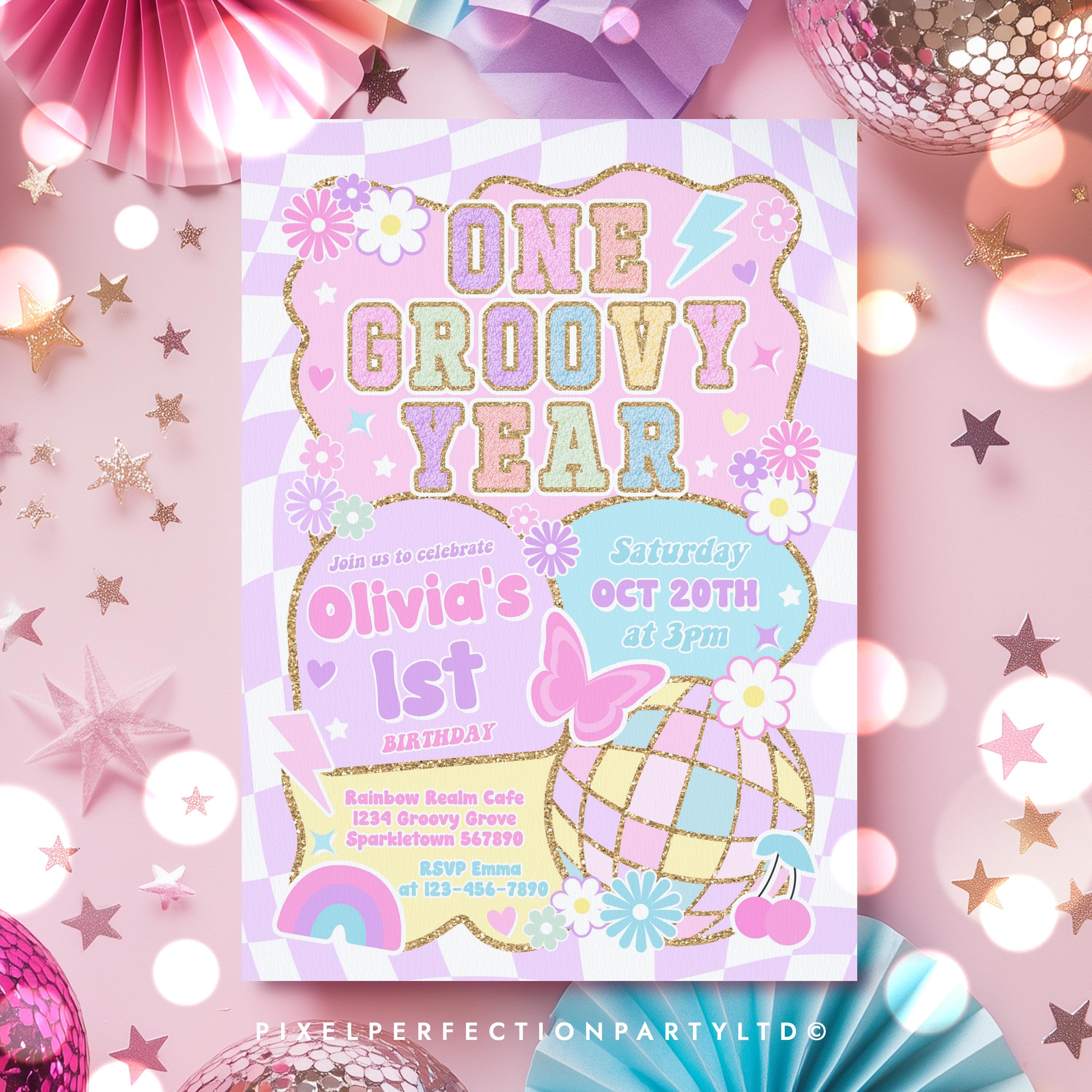 Editable One Groovy Year 1st Birthday Party Invitation Groovy Varsity ...
