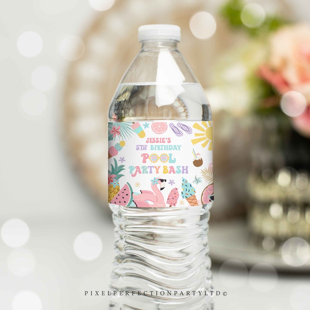 Editable Pool Party Water Bottle Labels Tropical Splish Splash Girly ...