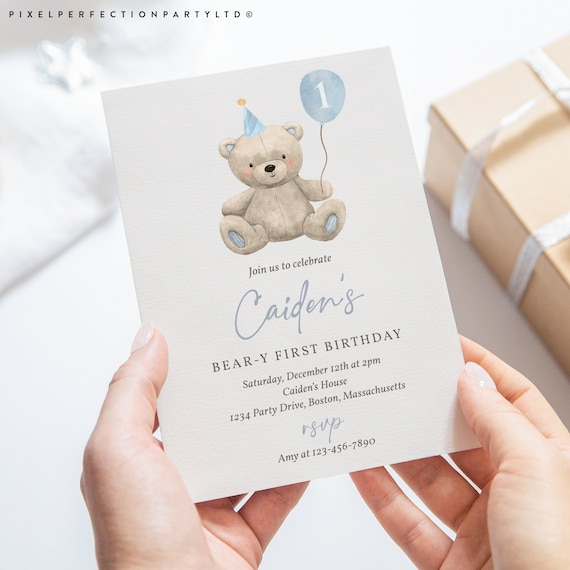 Editable Teddy Bear Birthday Invitation Blue Boy Teddy Bear Party Bear ...