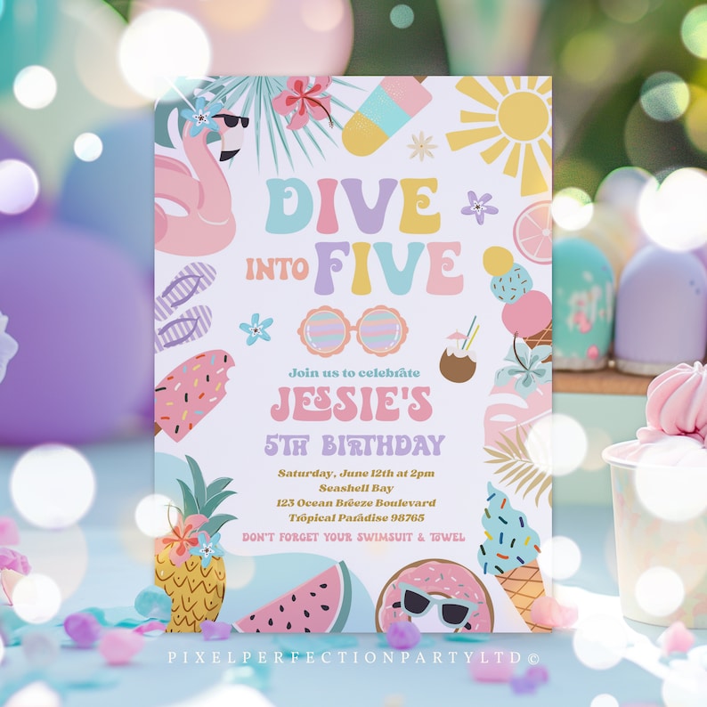 Editable Dive Into Five 5th Birthday Party Invitation Tropical Summer ...