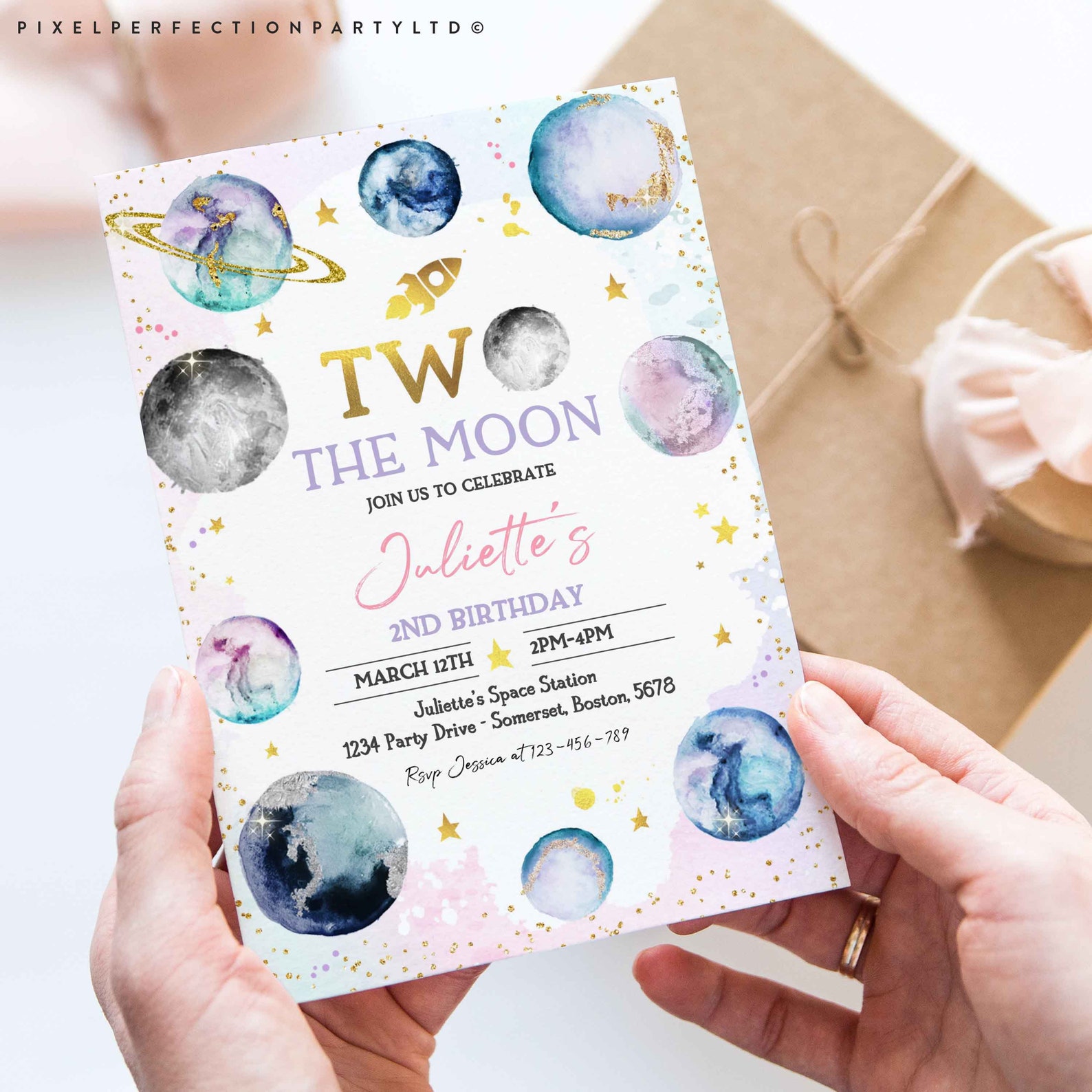 Editable Two the Moon Space Birthday Invitation Pink Outer | Etsy