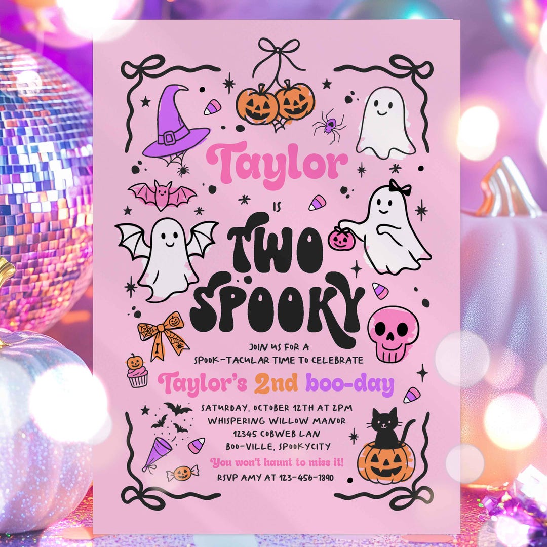 Editable Two Spooky Halloween Ghost 2nd Birthday Invitation Hand Drawn ...