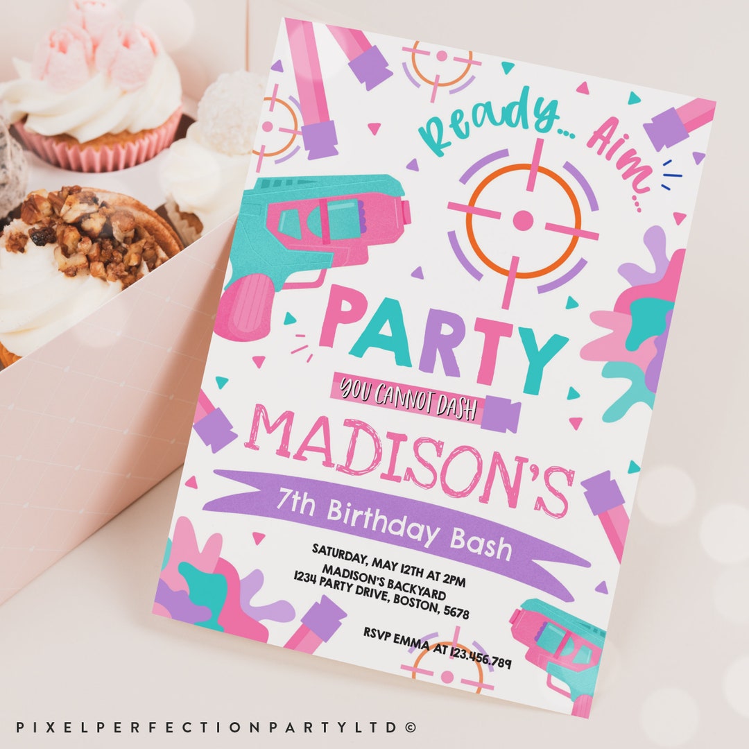 Editable Dart Gun Birthday Invitation Dart War Birthday Invitation Girl ...