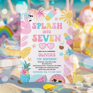 Editable Splash Into Seven 7th Birthday Pool Party Invitation Tropical ...