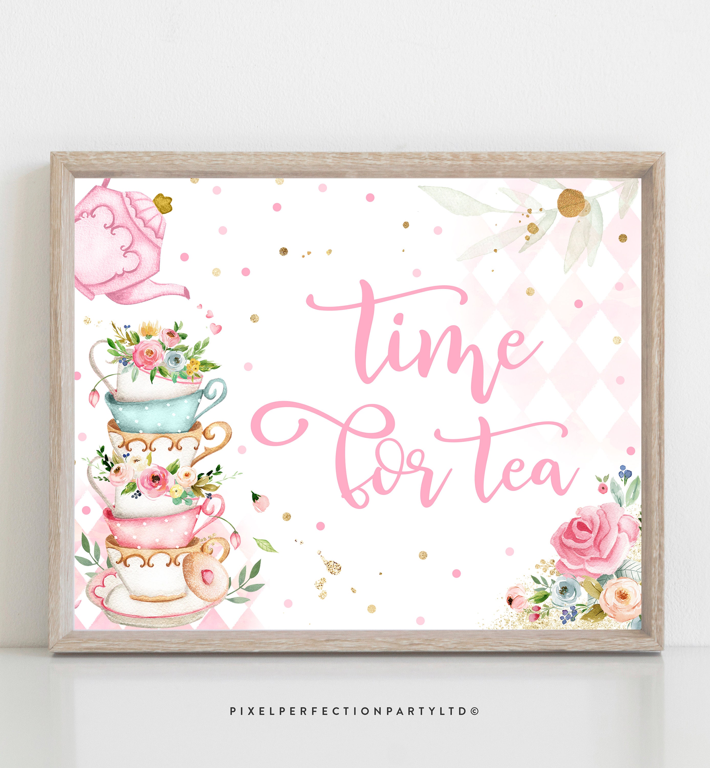 Tea Party Table Sign Time For Tea Sign Pink & Gold Floral | Etsy