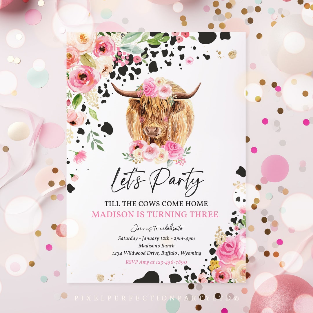 Editable Pink Floral Highland Cow Birthday Party Invitation Party Till ...