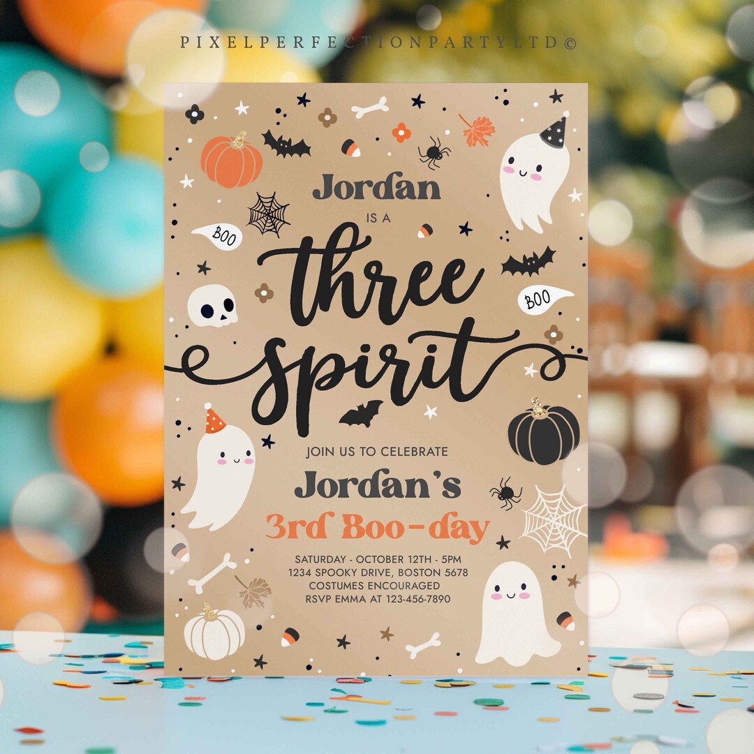 Editable Three Spirit Halloween Ghost 3rd Birthday Party Invitation ...