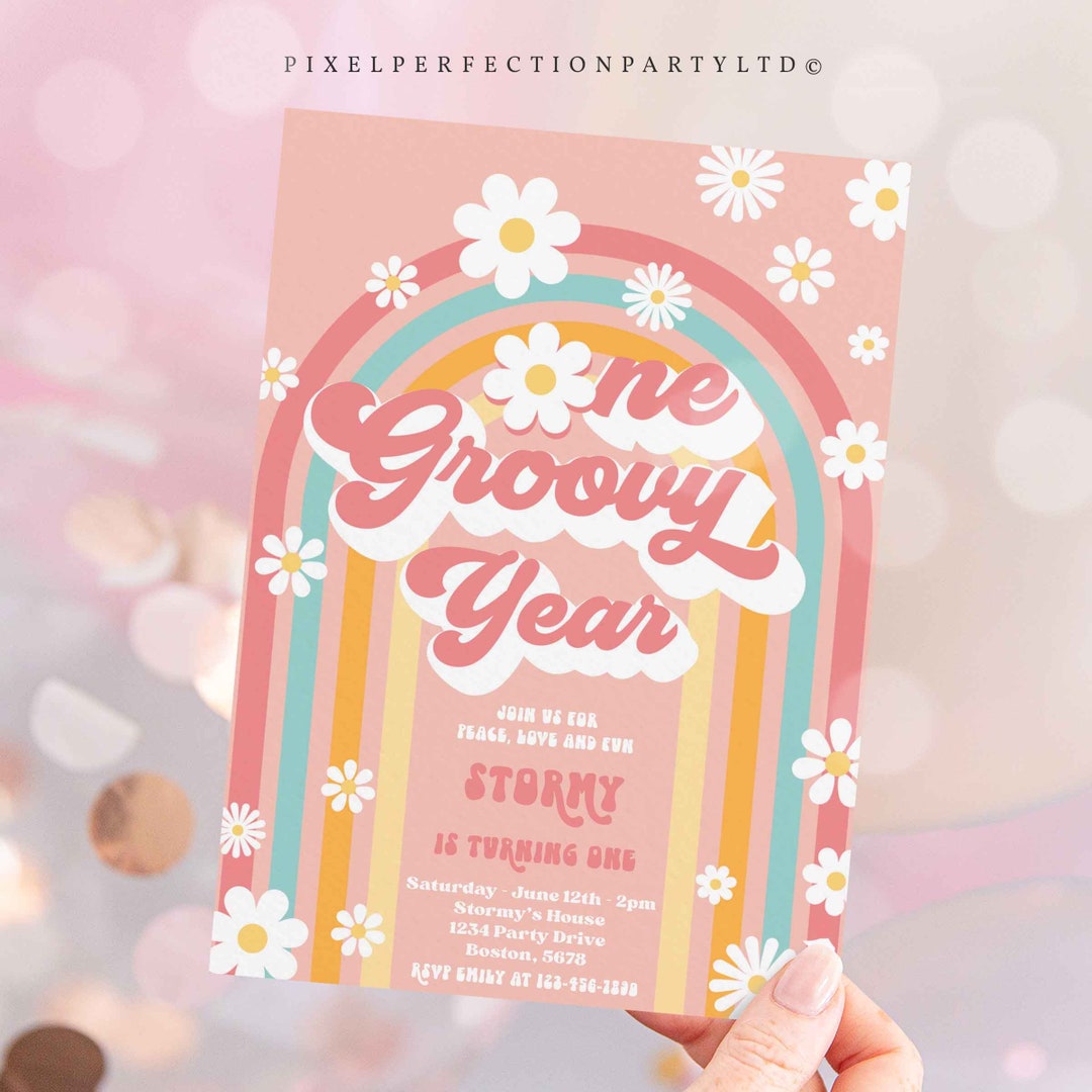 Editable One Groovy Year Birthday Party Invitation Groovy One Birthday ...