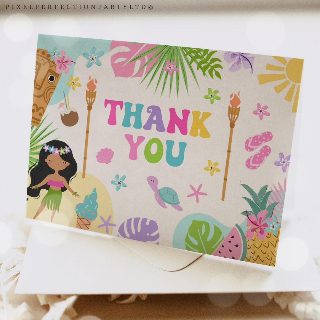 Editable Hawaiian Luau Birthday Folded Thank You Card Pineapple ...