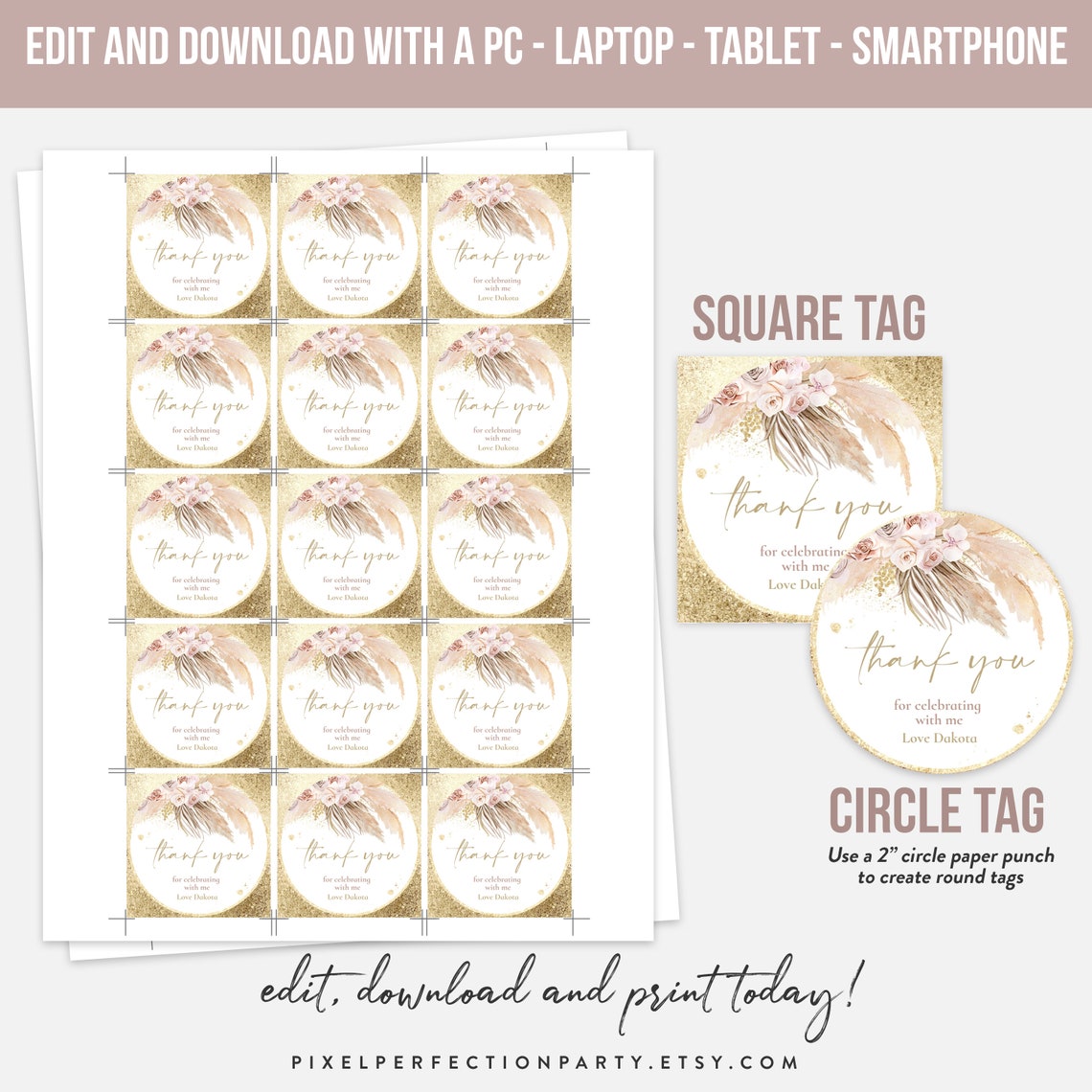 Editable Boho 1st Birthday Favor Tag Pampas Grass Birthday Party Favor ...