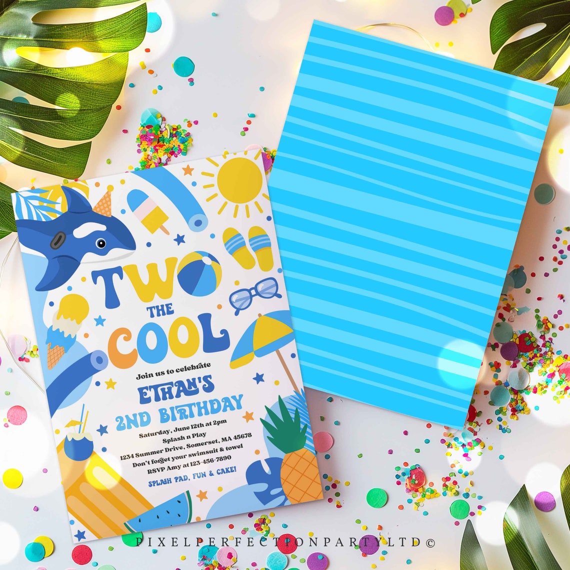 Editable Two Cool Birthday Party Invitation Tropical Splish Splash ...