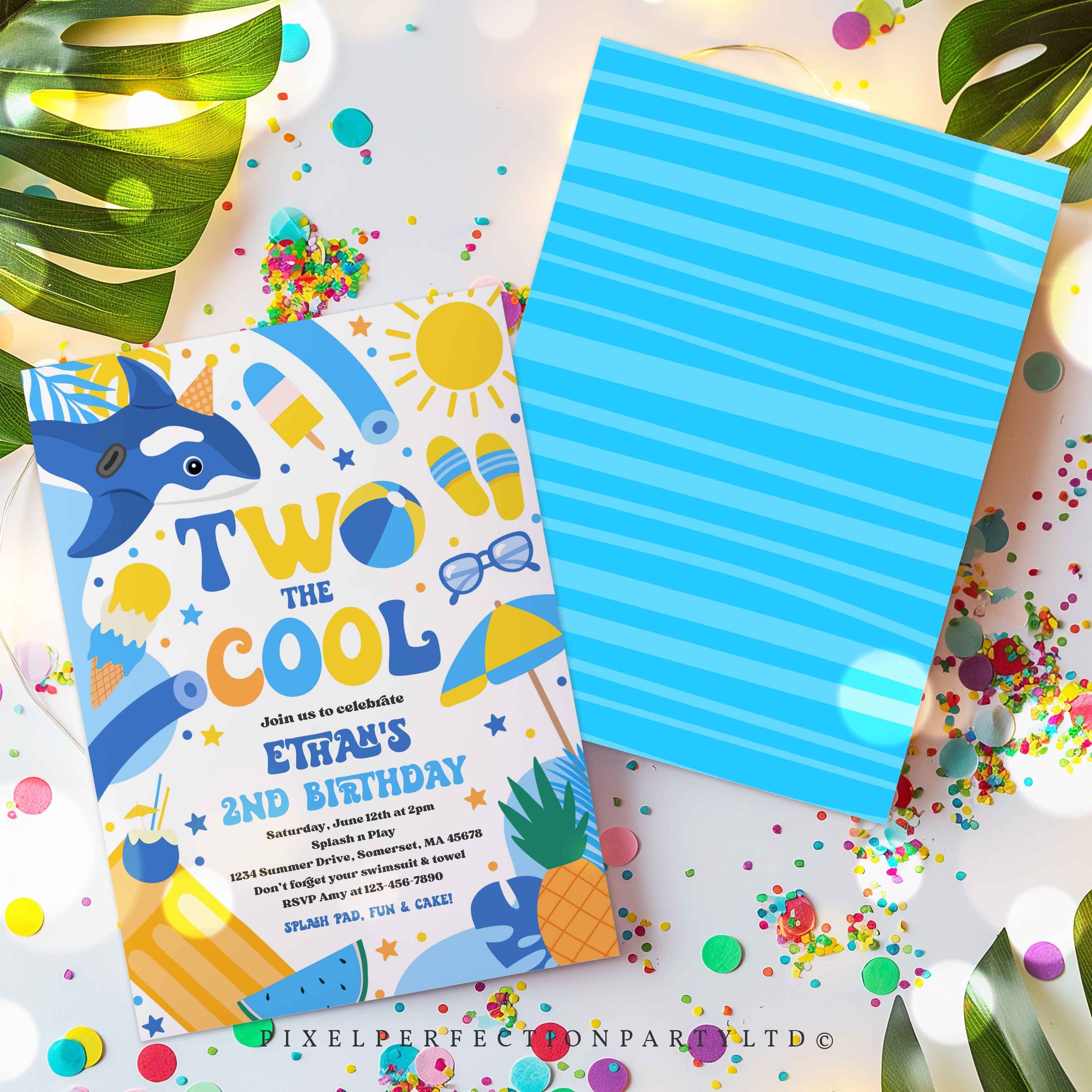 Editable Two Cool Birthday Party Invitation Tropical Splish Splash ...
