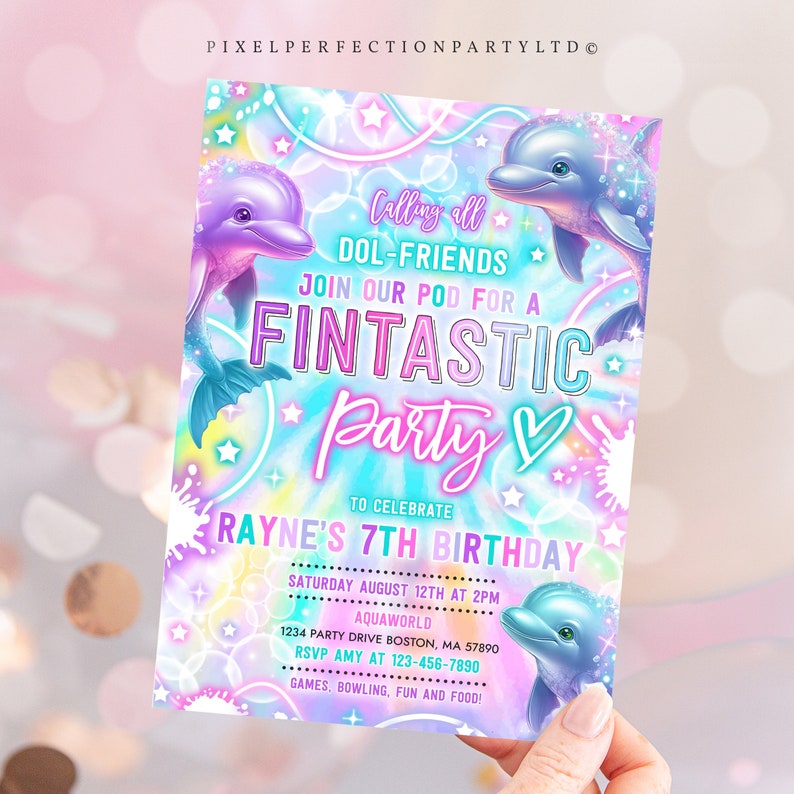 Editable Dolphin Birthday Party Invitation Tie Dye Neon Glow - Etsy