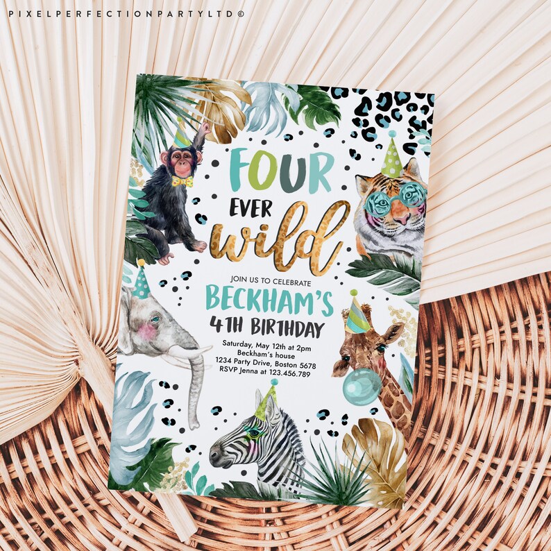 Editable Four Ever Wild Safari Animals 4th Birthday Party - Etsy