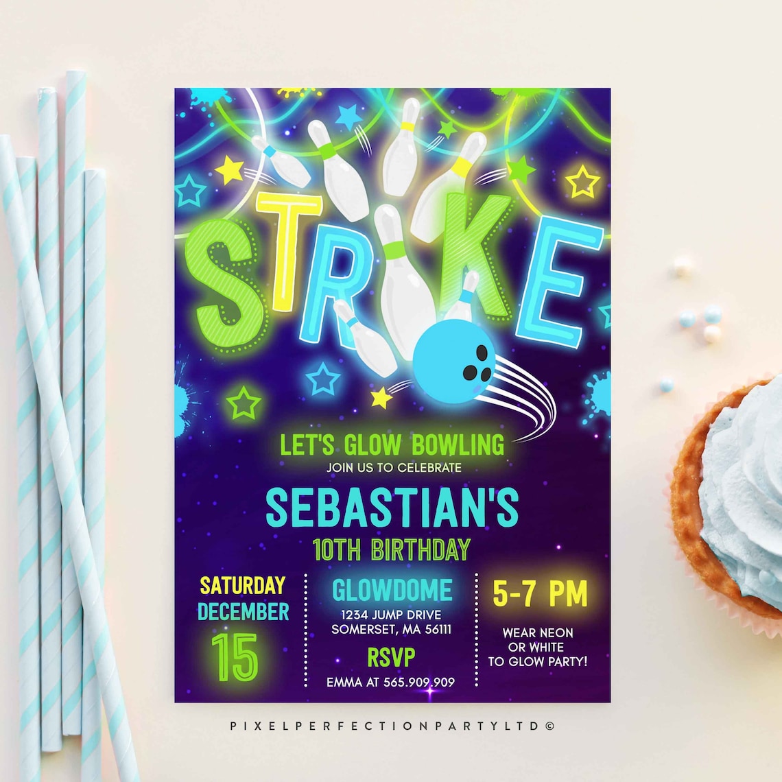Bowling Invitation Glow Bowling Birthday Invitation Neon - Etsy UK