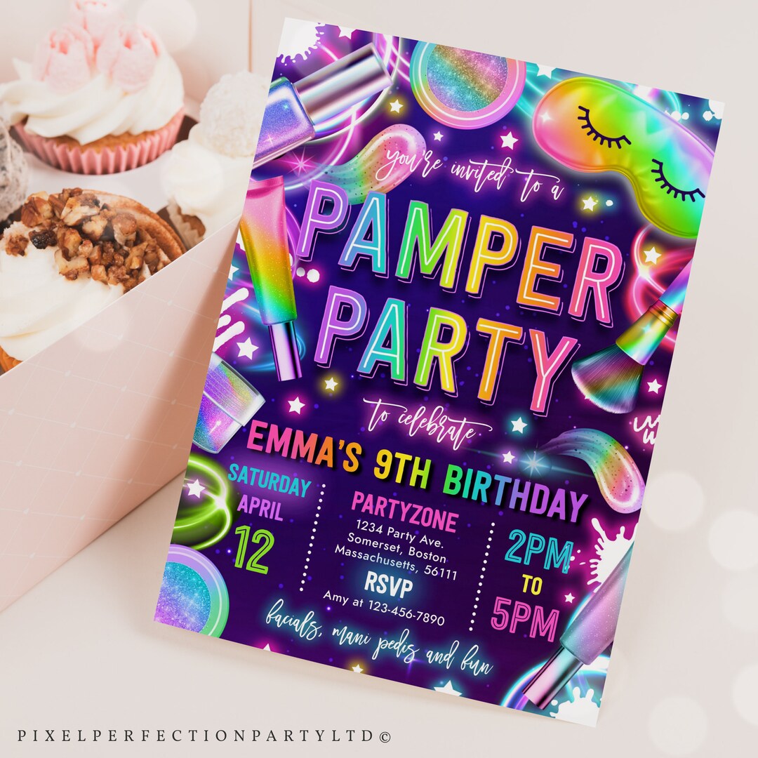 Editable Pamper Party Birthday Invitation Neon Glow Pamper Spa Party ...