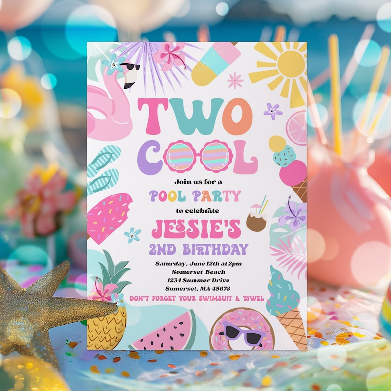 Editable Two Cool Birthday Party Invitation Tropical Splish Splash ...