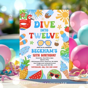 Editable Dive Into Twelve Pool Party 12th Birthday Invitation Tropical ...