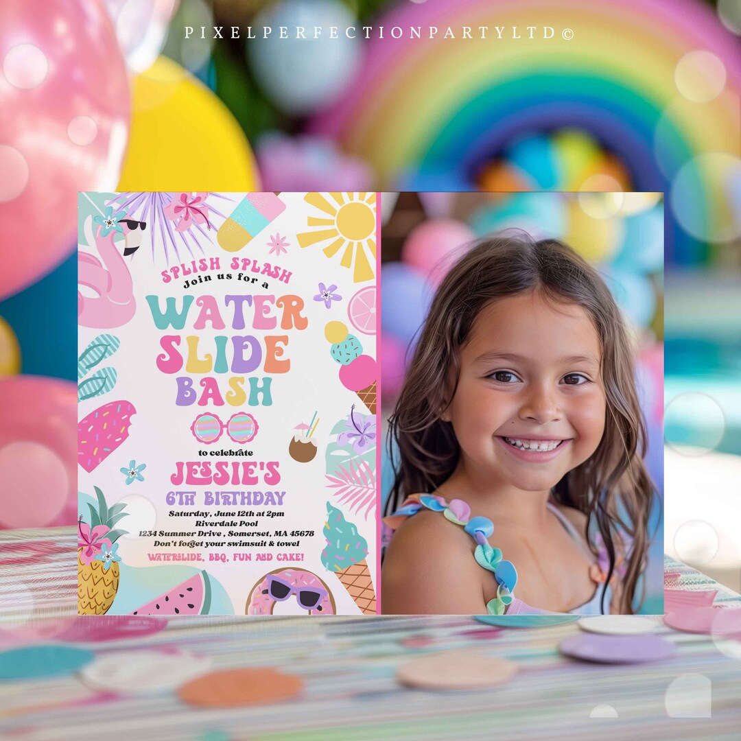 Editable Water Slide Birthday Party Invitation Tropical Splish Splash ...