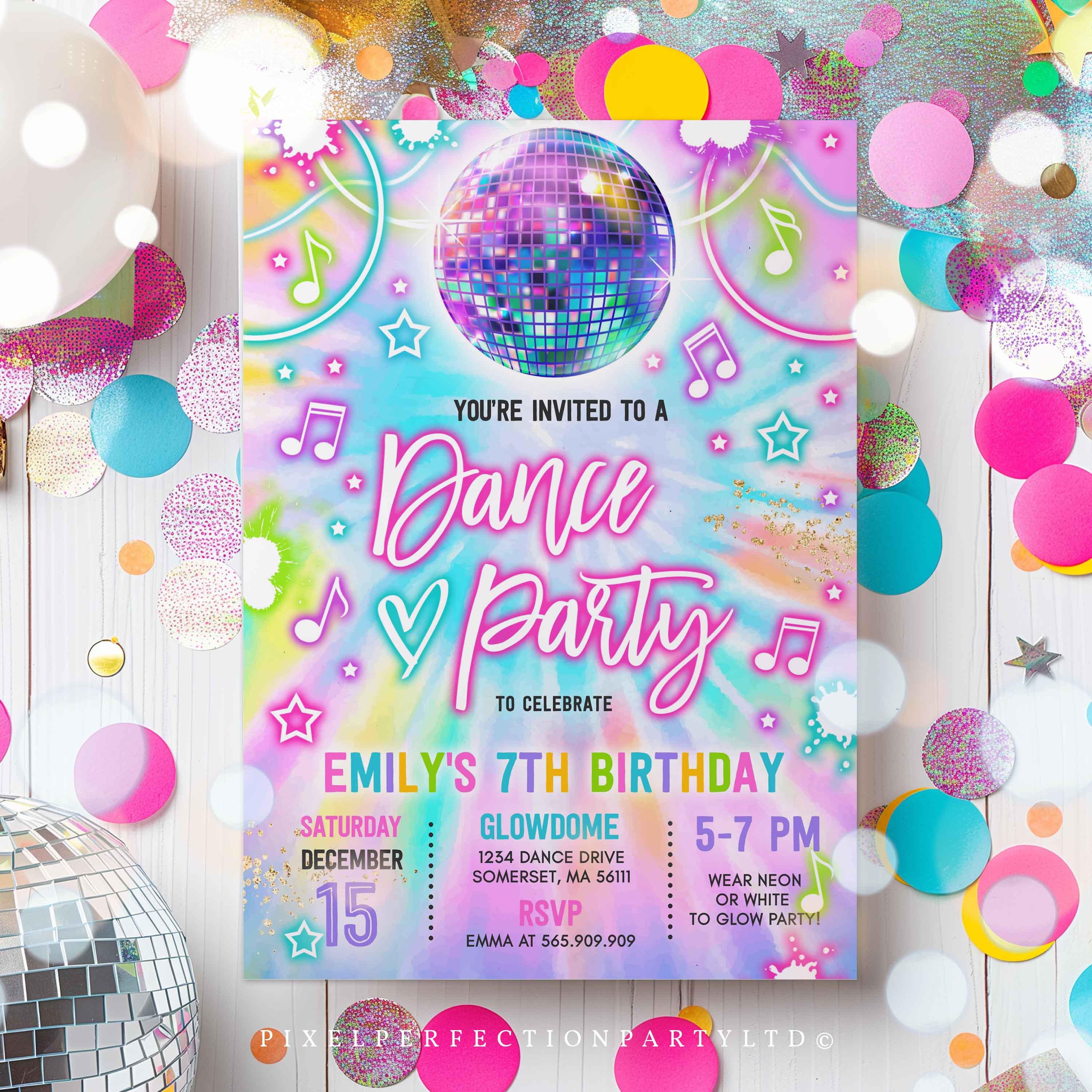 Editable Dance Party Invitation Tie Dye Dance Party Invitation Glow Tie ...