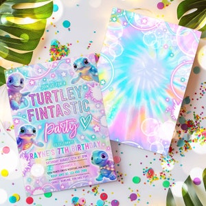 Editable Sea Turtle Birthday Party Invitation Tie Dye Neon Glow Turtley ...