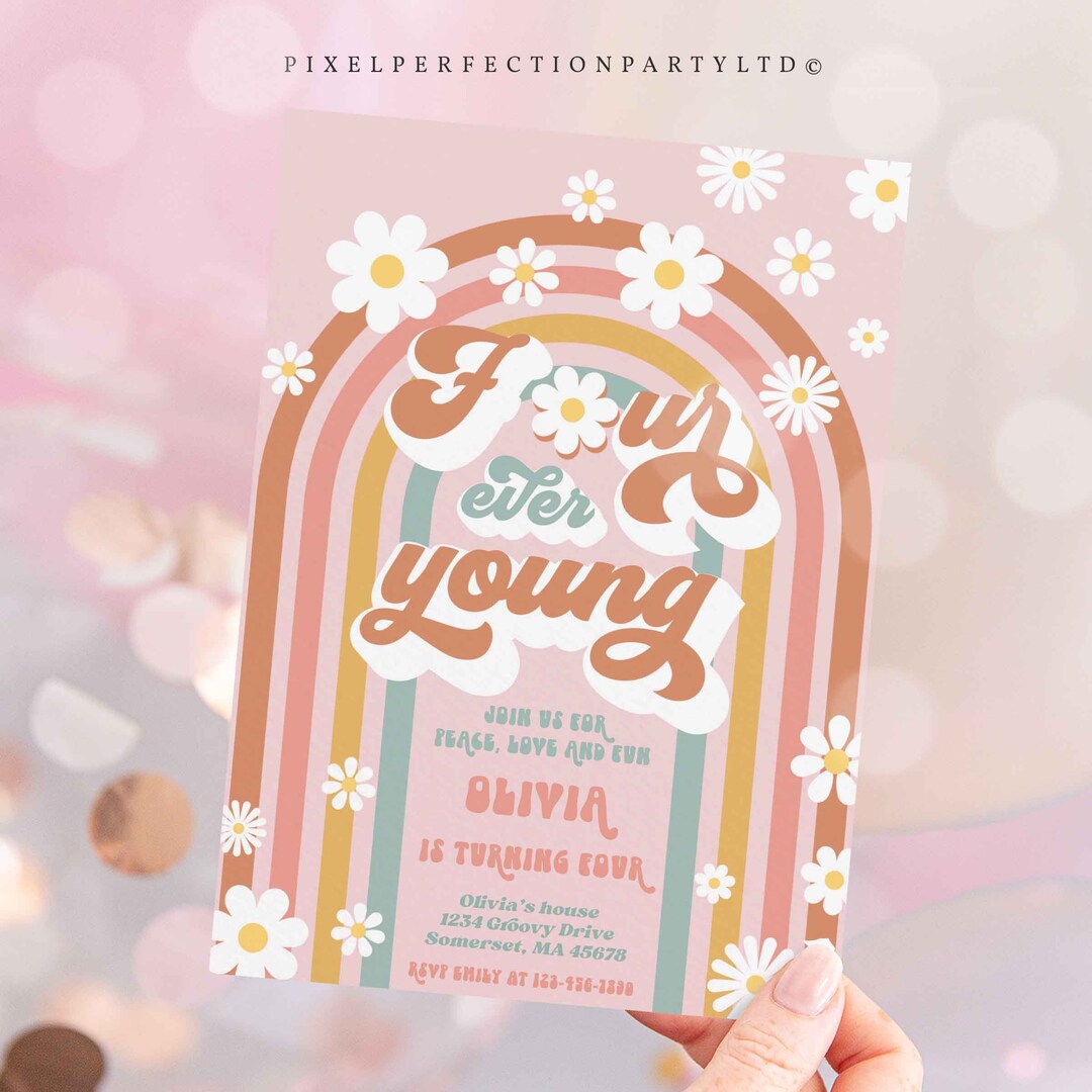 Editable Four Ever Young Groovy 4th Birthday Party Invitation Peace ...