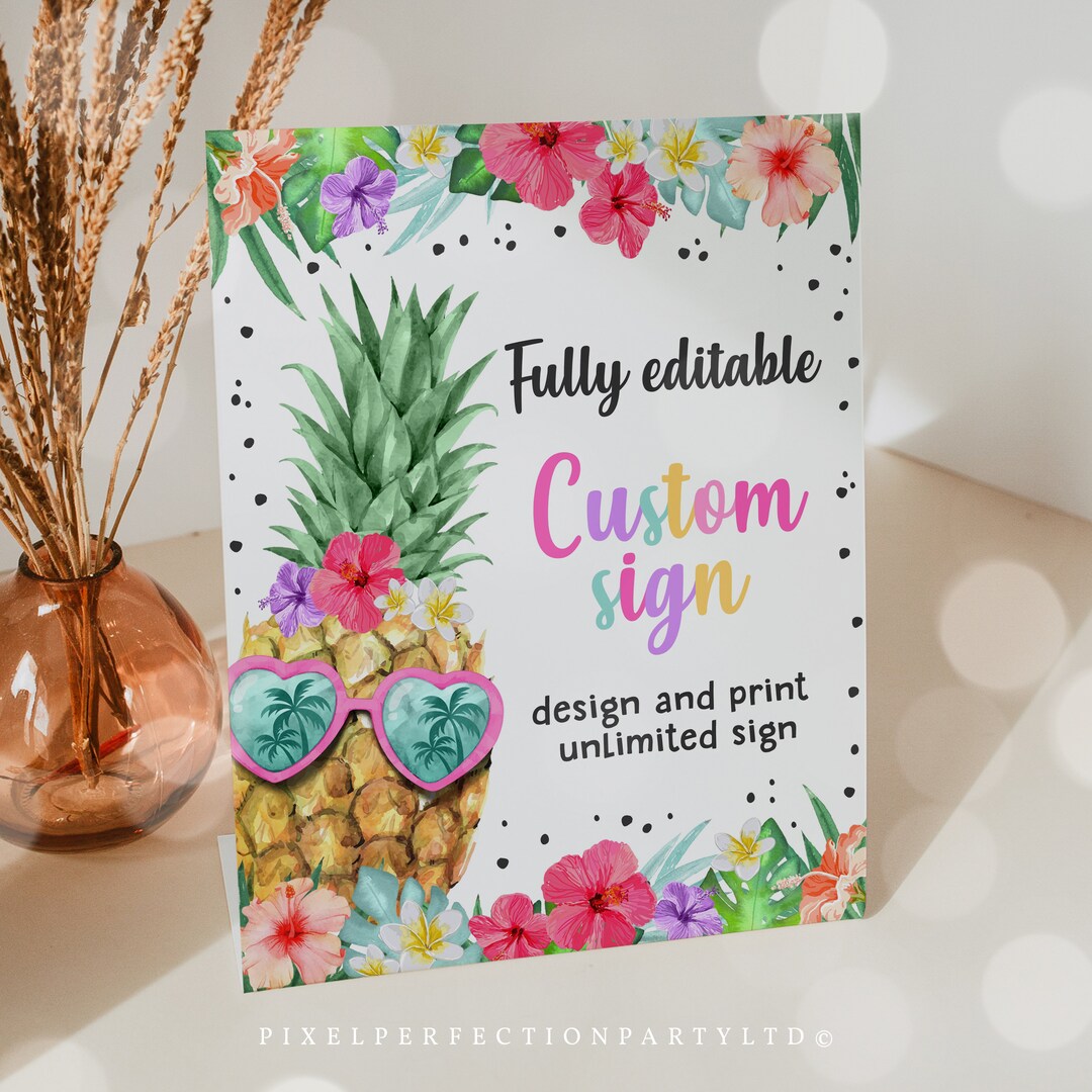 Tropical Pineapple Pool Party Fully Editable Custom Sign Label Hawaiian ...