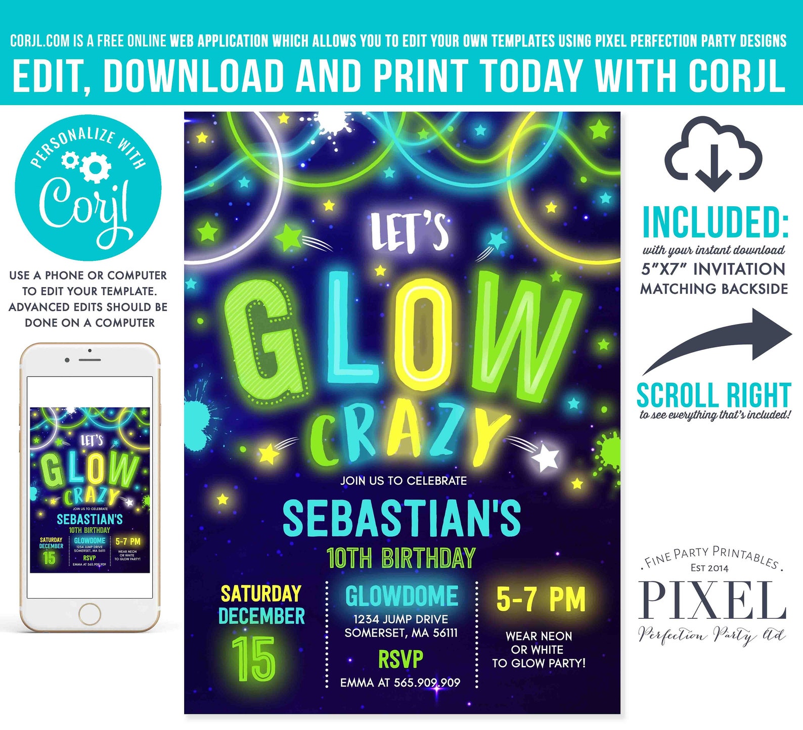 Glow Birthday Invitation Glow Invitation Neon Glow Invitation - Etsy