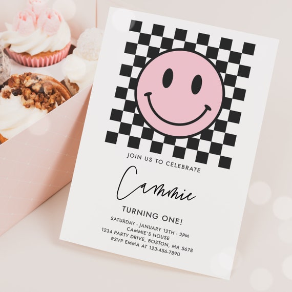 Editable Pink Smiley Face 1st Birthday Invitation One Happy Girl 1st ...