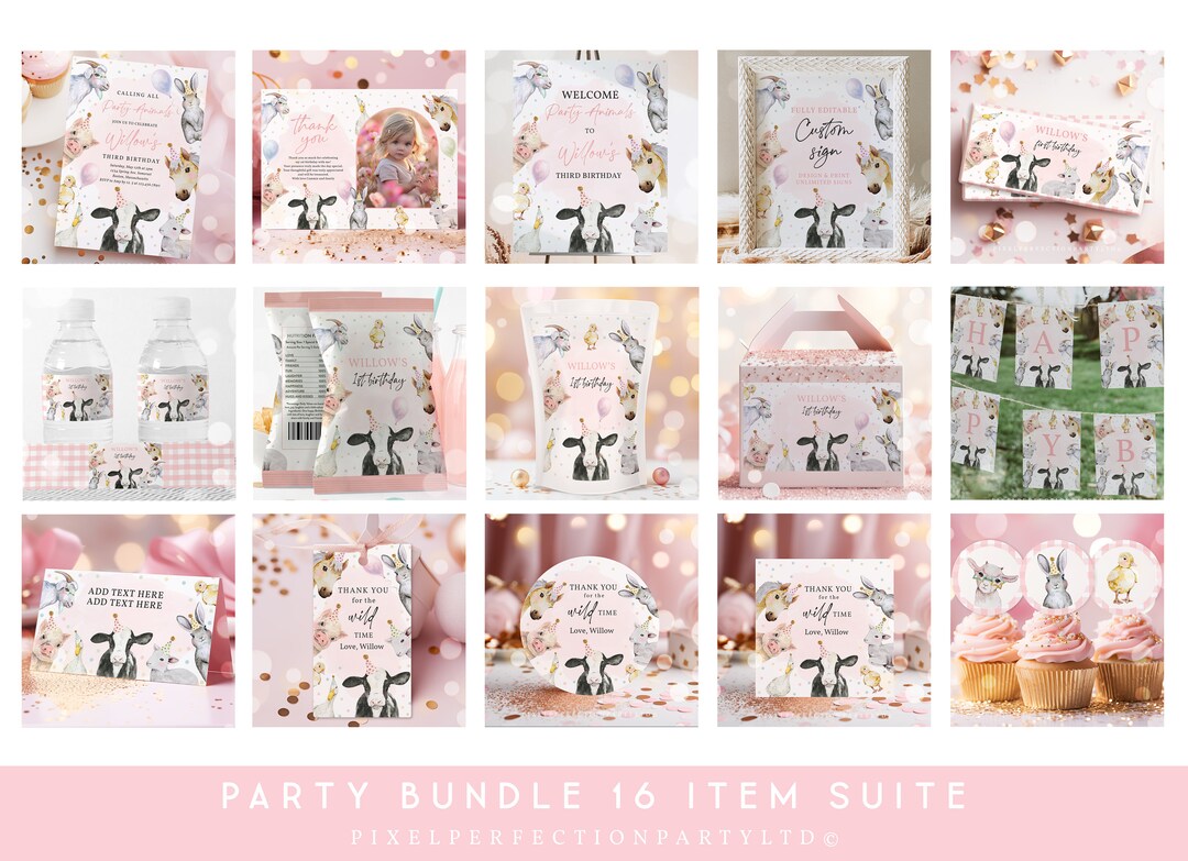 Farm Animals Birthday Invitation and Bundle Pink Girl Farm Party ...