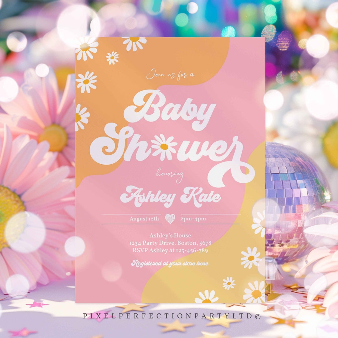 Editable Retro Baby Shower Invitation Retro Bohemian Hippie Vibes Daisy ...