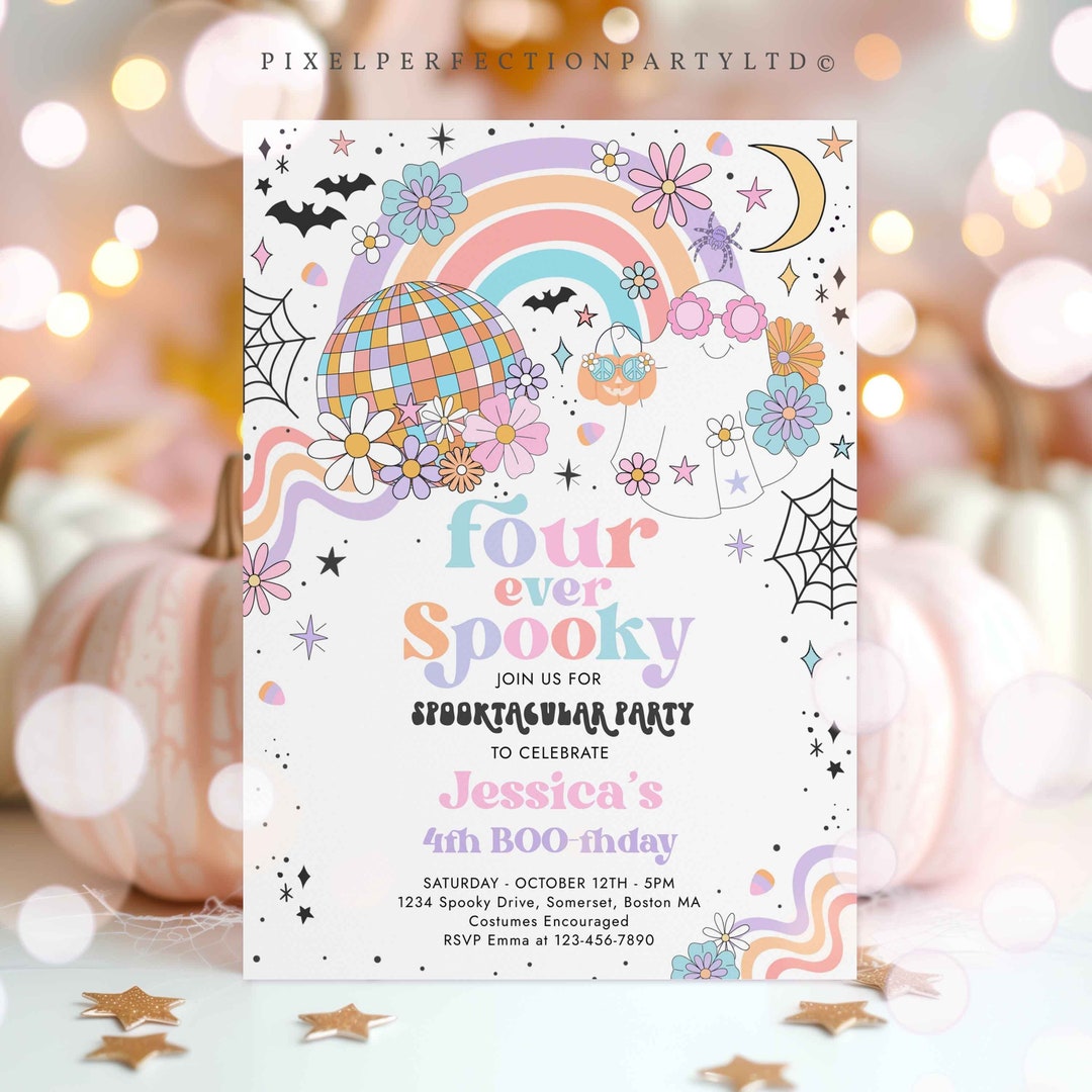 Editable Four Ever Spooky Halloween Ghost 4th Birthday Invitation Retro ...