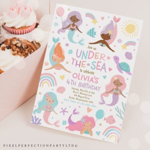 Editable Mermaid Birthday Party Invitation Cute Whimsical Mermaid Under ...