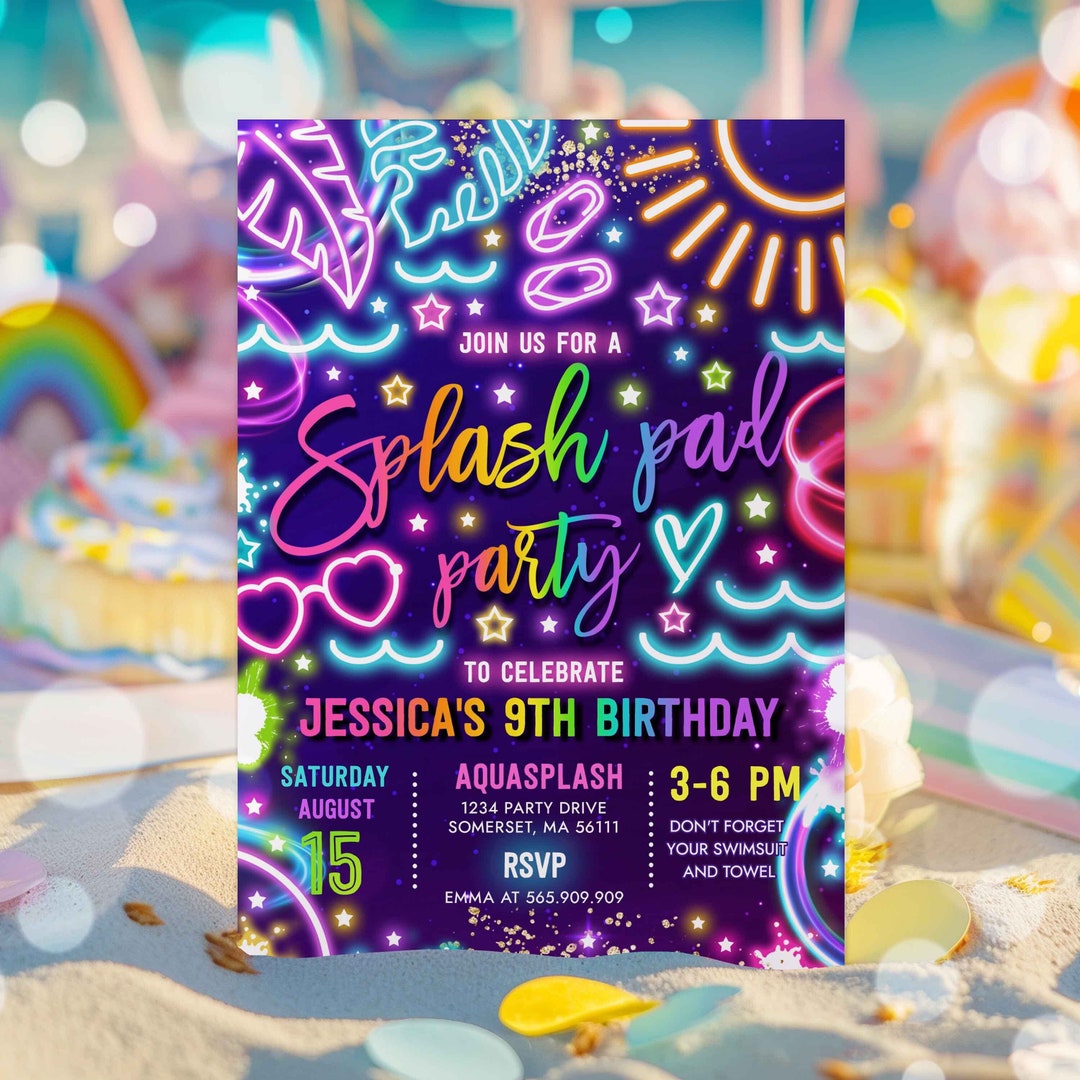 Editable Splash Pad Birthday Party Invitation Glow Neon Splash Pad ...