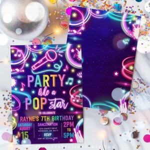 Editable Pop Star Birthday Party Invitation Neon Glow Party Like A ...