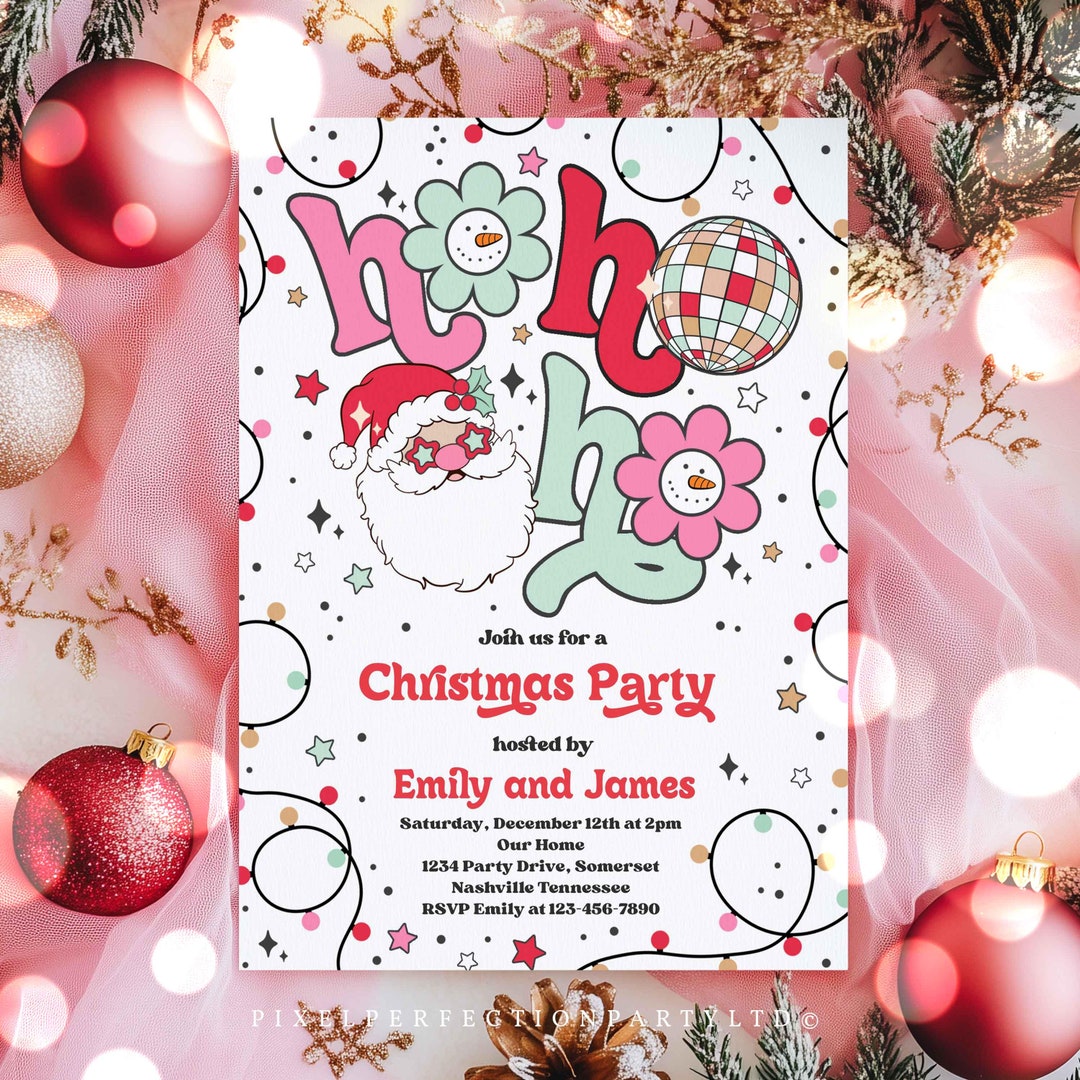 Editable Groovy Christmas Party Invitation Adult Retro Santa Ho Ho Ho ...
