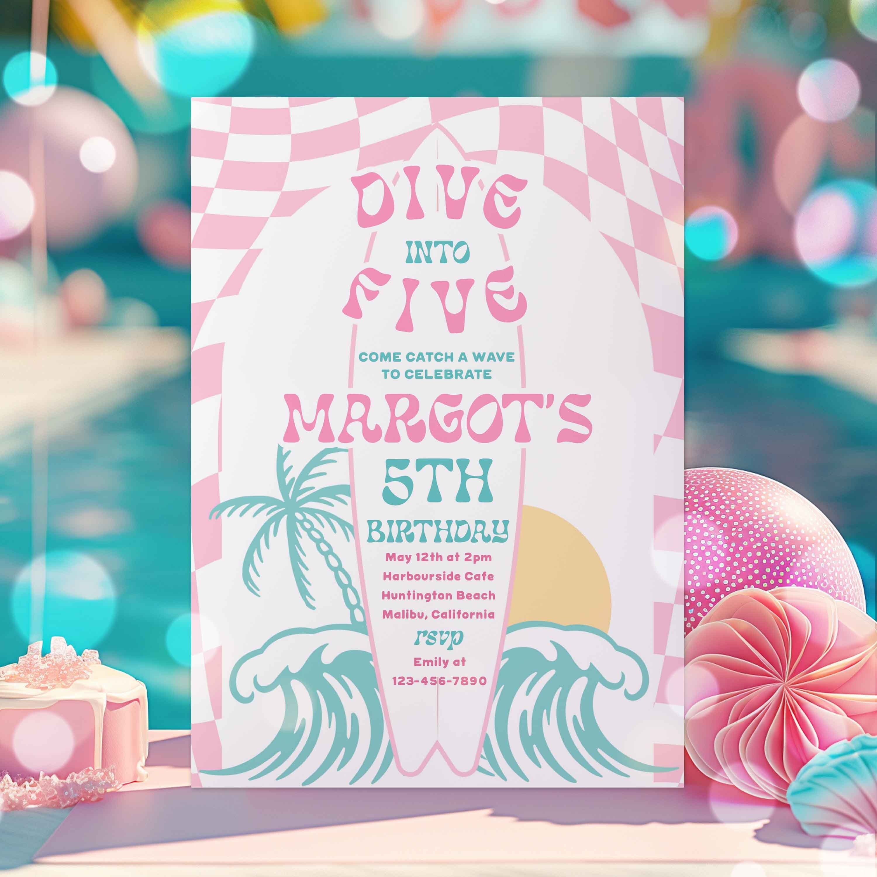 Editable Dive Into Five Surf 5th Birthday Party Invitation Girl Surf's ...