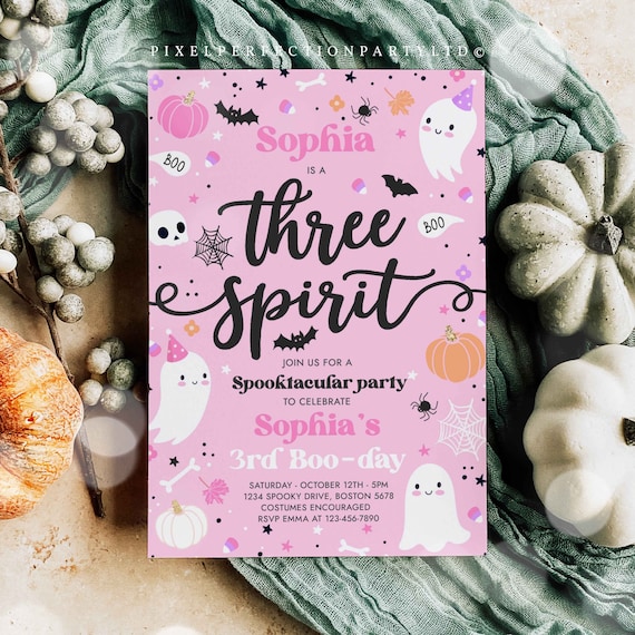 Editable Three Spirit Halloween Ghost 3rd Birthday Party Invitation ...