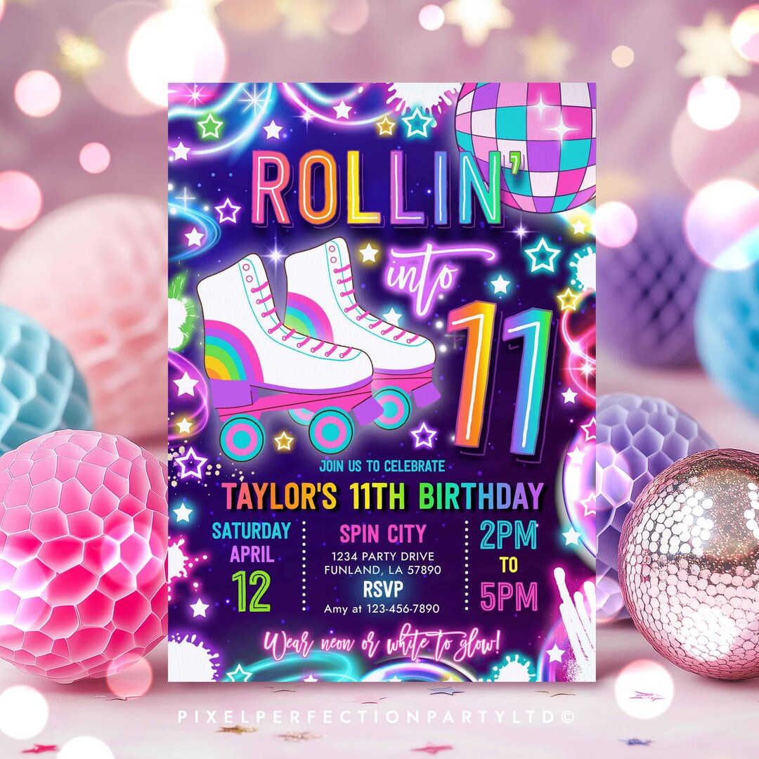 Editable Roller Skating 11th Birthday Party Invitation Rollin' Into ...