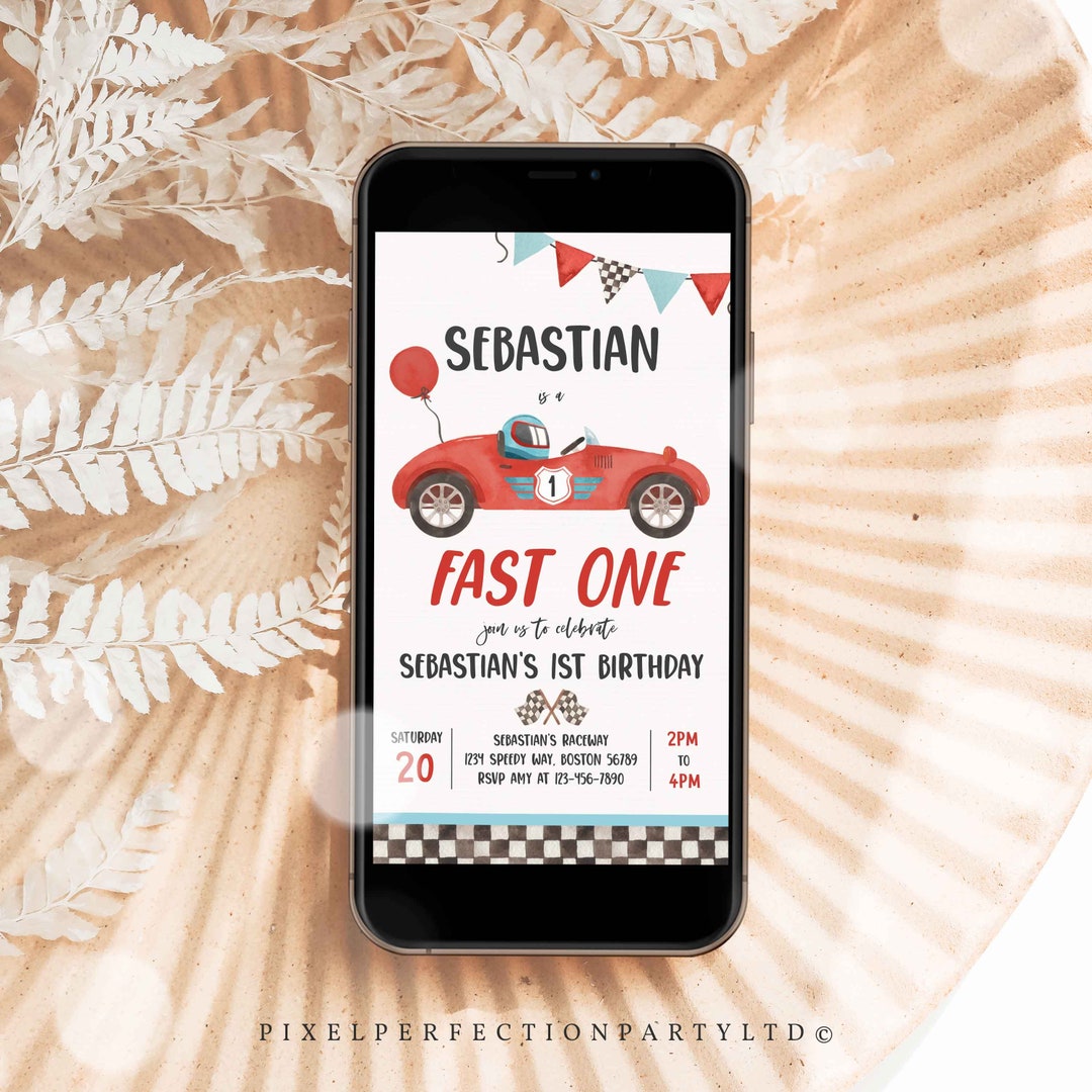 Editable Fast One Race Car 1st Birthday Evite Invitation Race Car Fast ...