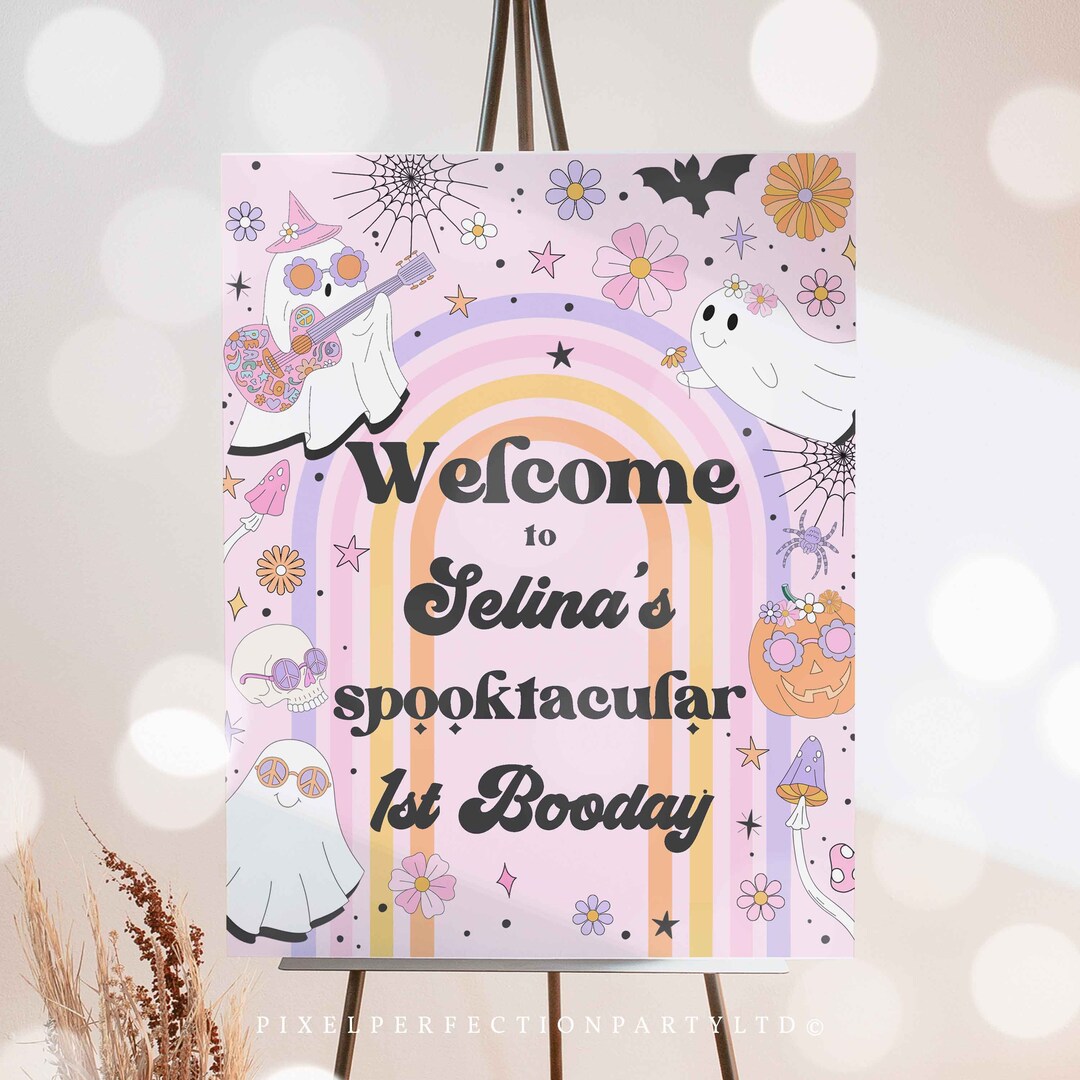 Editable Spooky Halloween Ghost Birthday Welcome Sign Retro Groovy ...