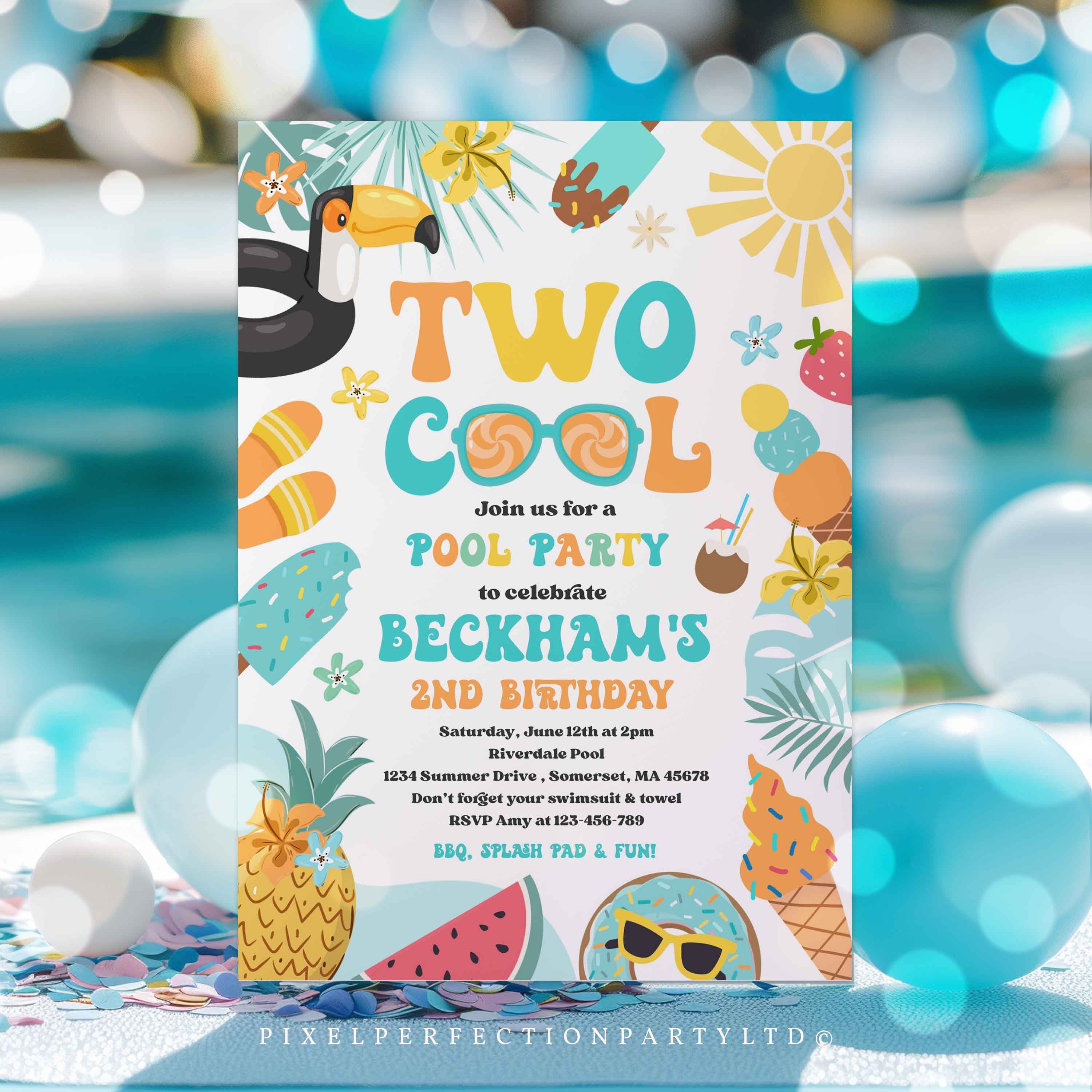 Editable Two Cool Birthday Party Invitation Tropical Splish Splash ...